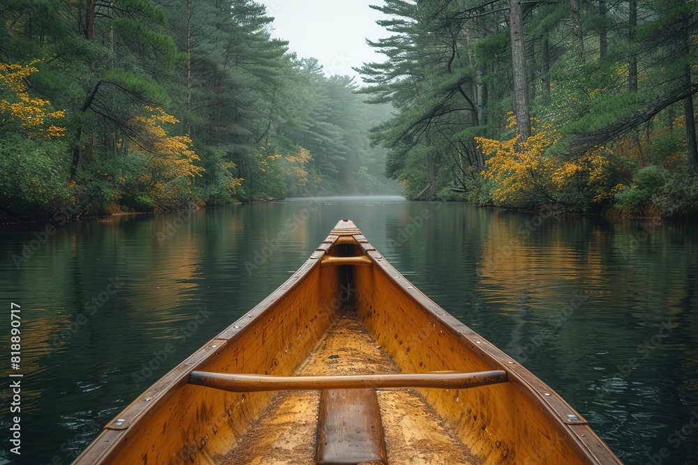 A rustic canoe expedition through a pristine wilderness, with dense ...