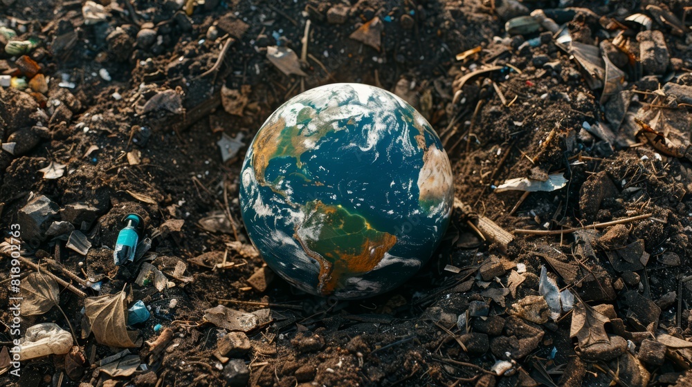 World Environment Day. Aerial top view garbage dump with globe earth ...