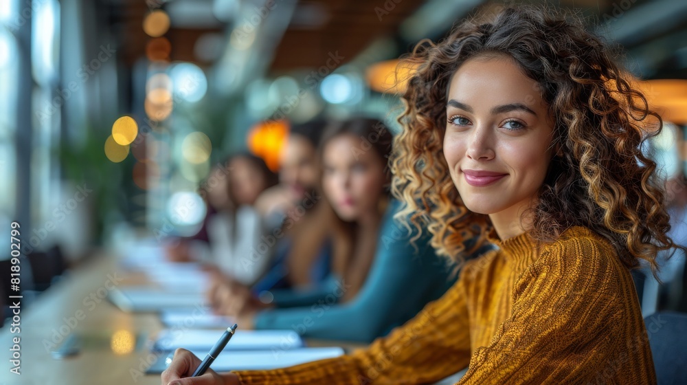 A secretary takes notes on a notebook during a business meeting with ...