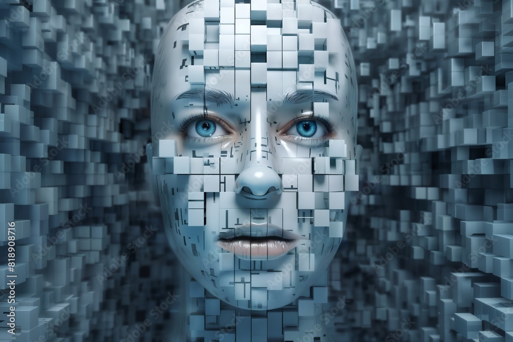 humanoid face with 3D cubes and shapes, and particles around her face ...