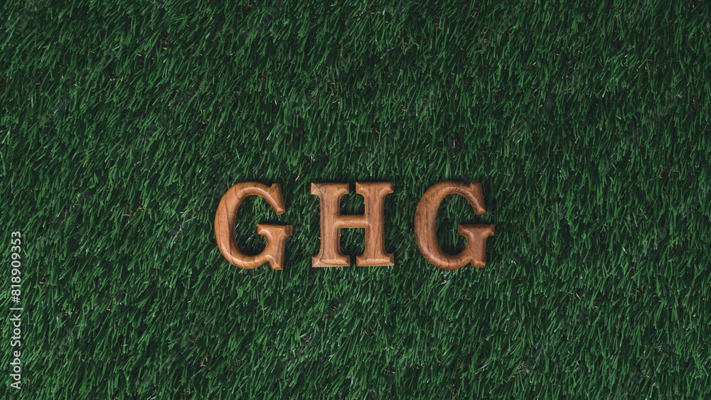 Arranged wooden alphabet text in GHG on biophilic green grass ...