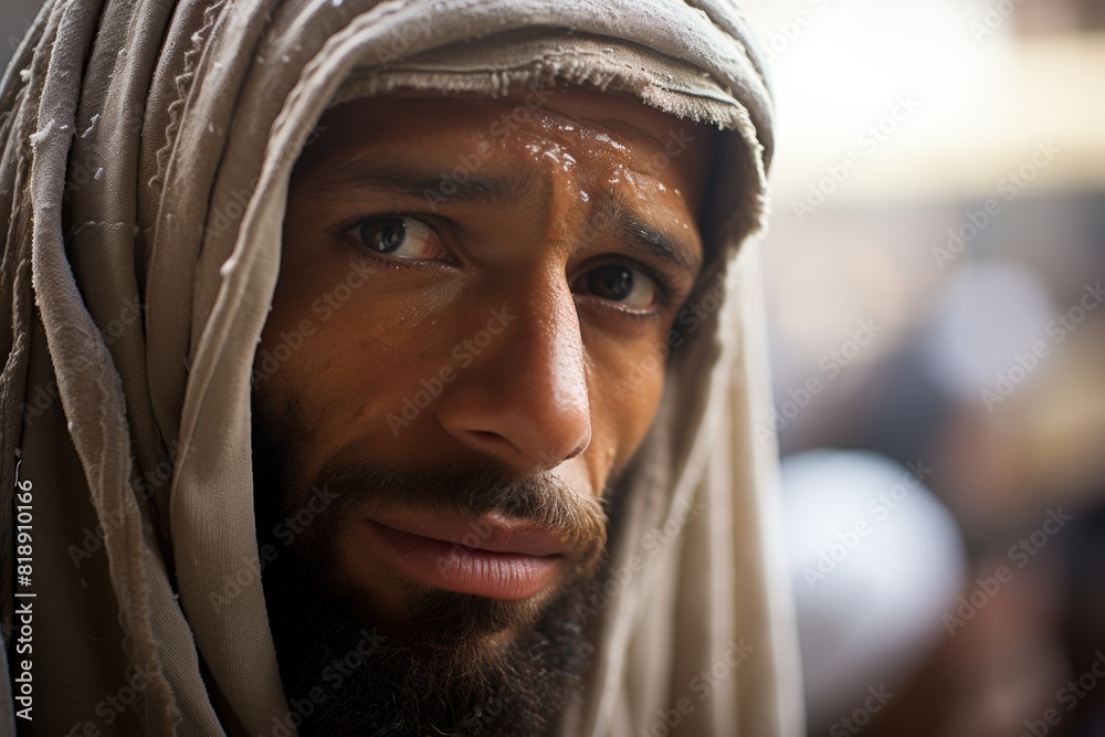 Man in pilgrim performing haj or umrah in front of kaaba, mecca ...