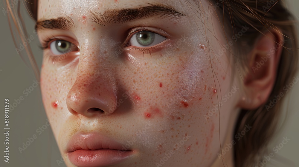 girl with skin problems on her face, rashes, pimples, itchy skin, gray ...