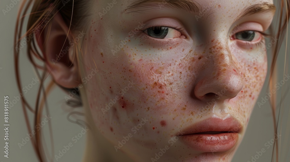 girl with skin problems on her face, rashes, pimples, itchy skin, gray ...