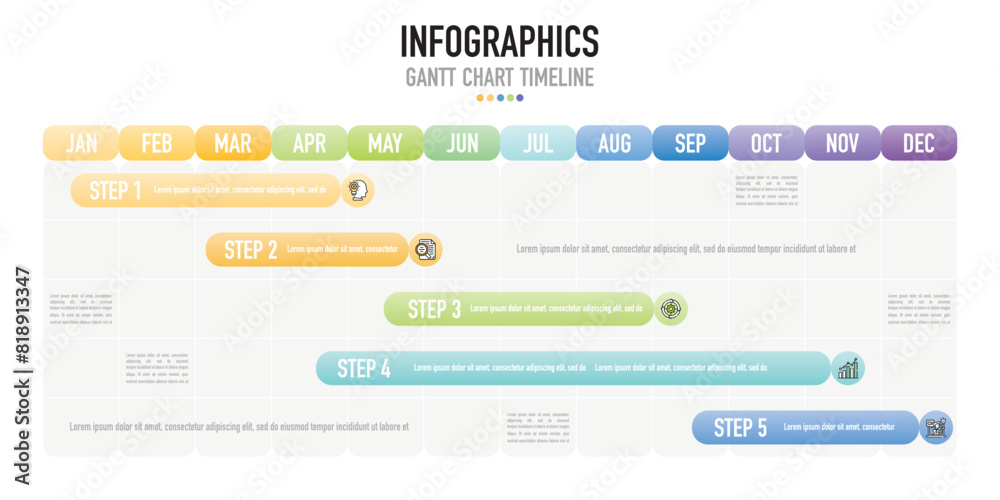Gantt chart timeline 12 months infographic template or element with 5 ...