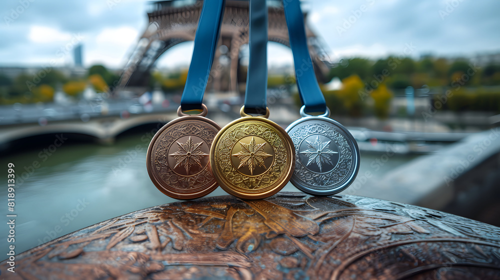The Olympic Games in Paris France 2024. Three medals Olympic with blue ...