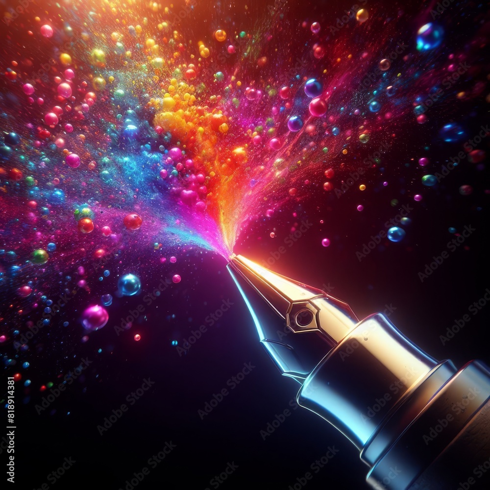 A vibrant explosion of colors emanating from the tip of an ink pen ...
