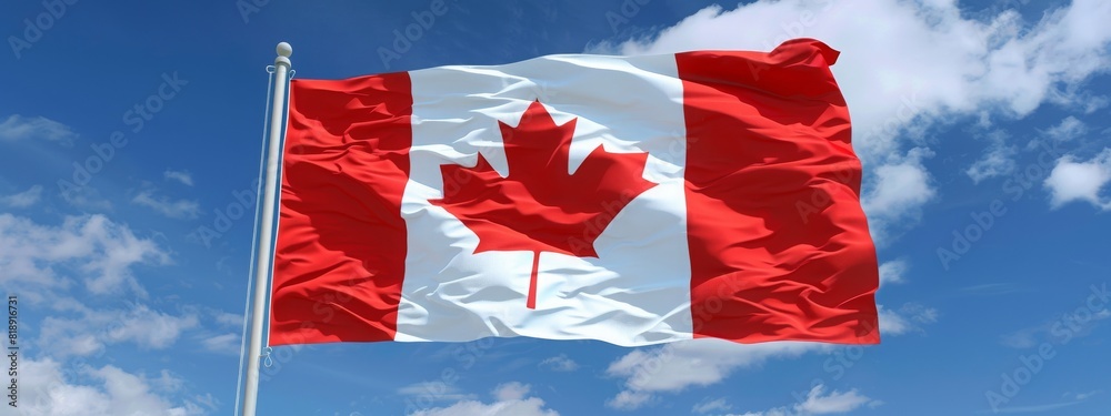 Flag of Canada on sky background in close-up fluttering in wind symbol ...
