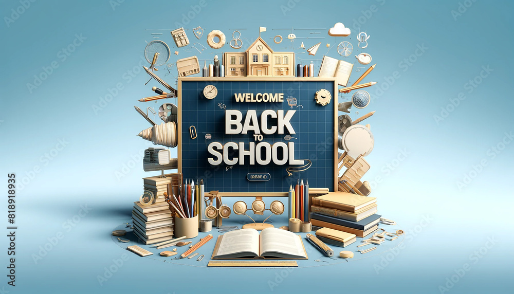 School education banner background with school equipment and whimsical ...