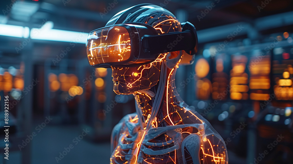 visualization of a man wearing virtual reality glasses, electronic head ...