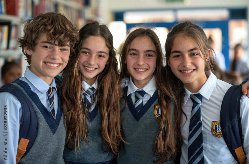 group of 4 smiling teenage students wearing uniform standing in ...