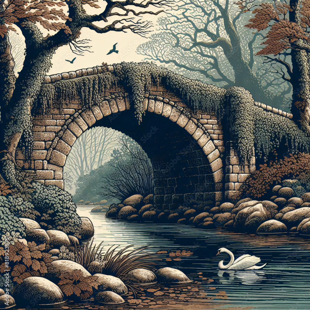 Weathered stone bridge moss-covered, brook and swan, mysterious forest ...