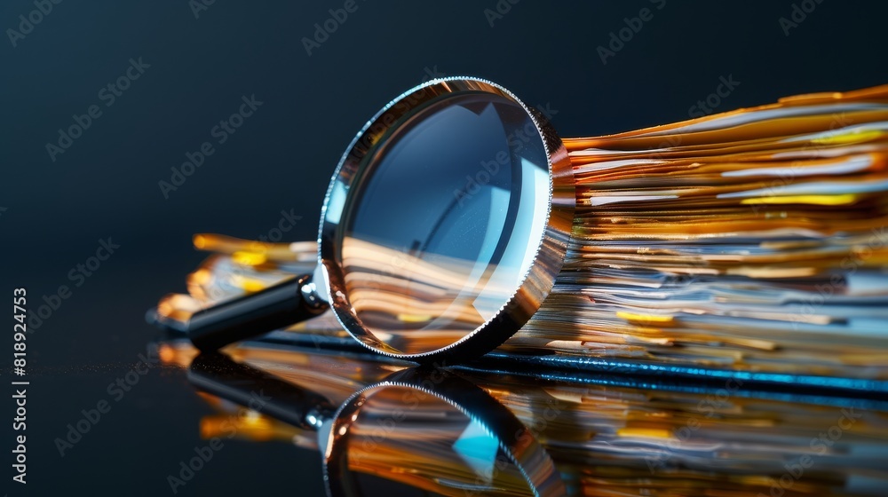 Magnifying glass over a stack of digital documents, symbolizing research and data analysis ...