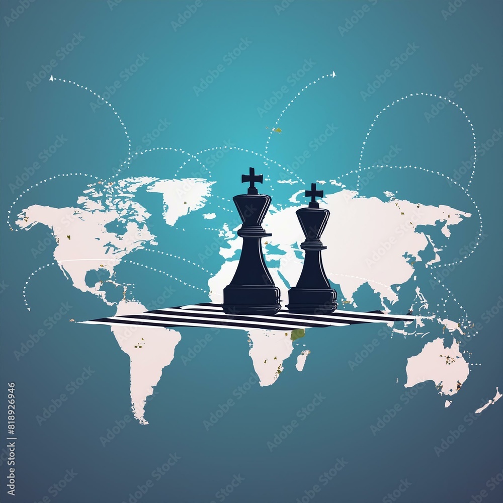 Geopolitics concept image with two chess pieces on a world map ...