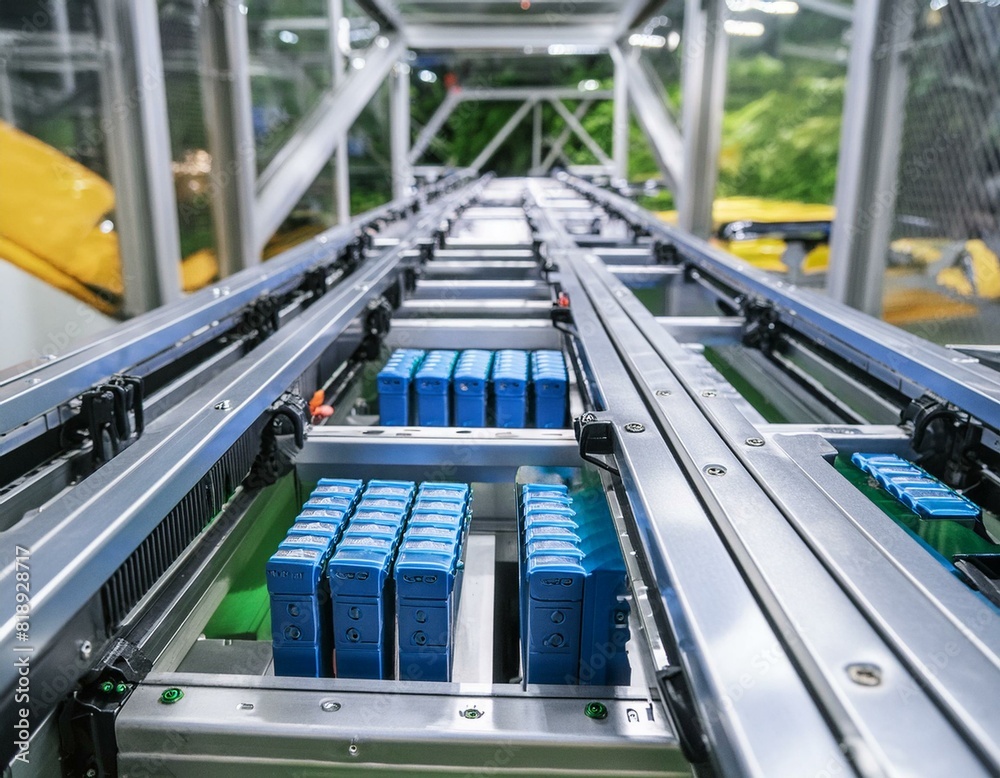 Mass production assembly line of electric vehicle battery cells close ...