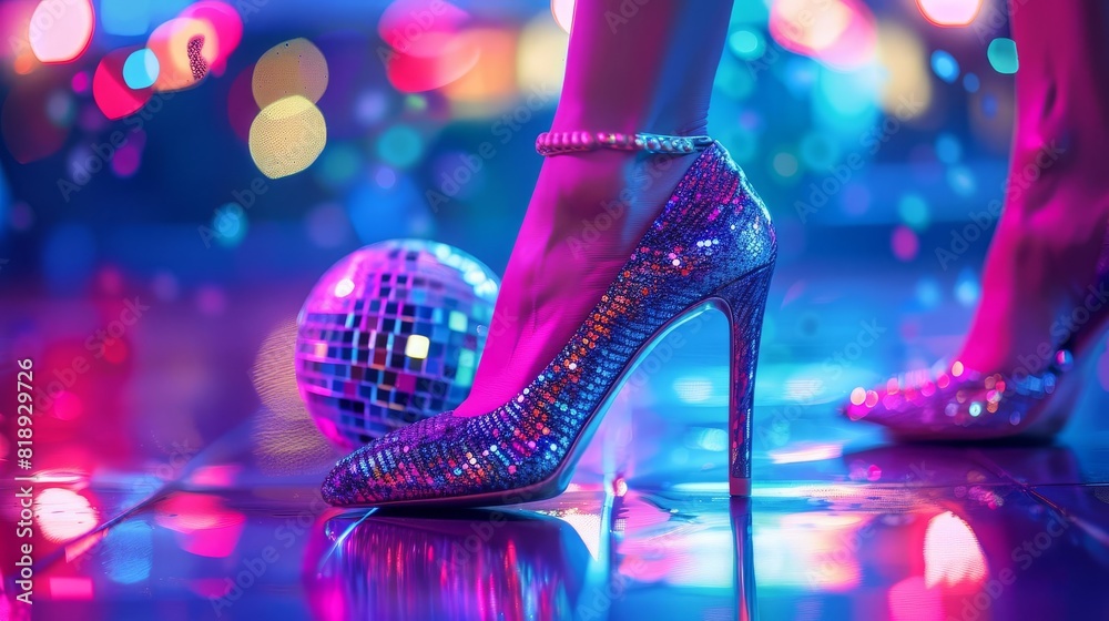 glamorous high heels and disco ball on dance floor night club party ...