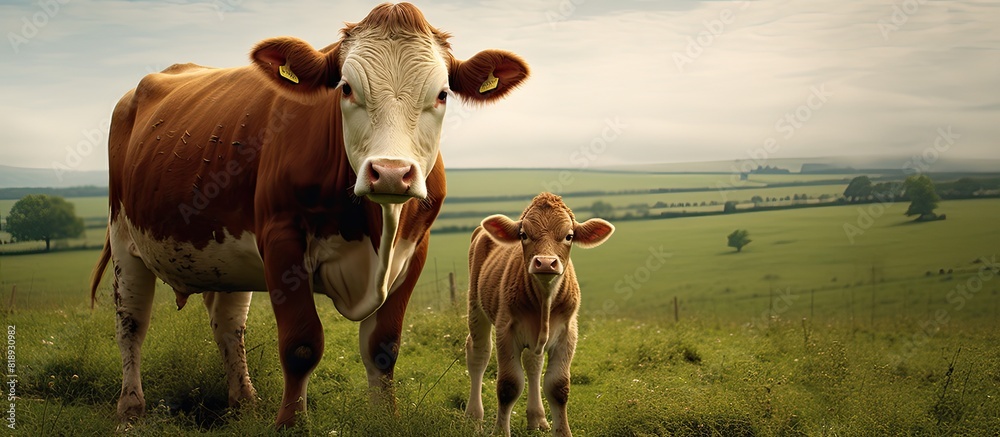 Copy space image of a Parthenais beef cow nursing its calf in a pasture ...