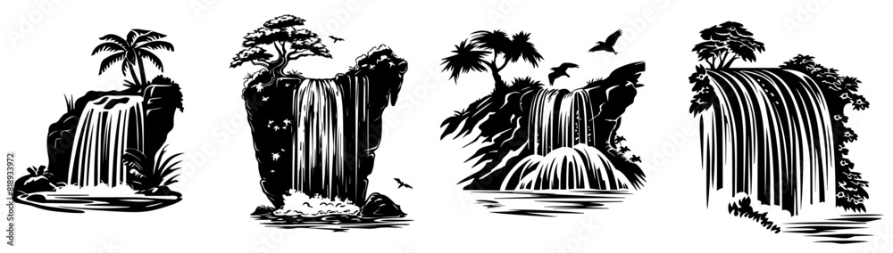waterfall black vector silhouette shape, monochrome illustration for ...