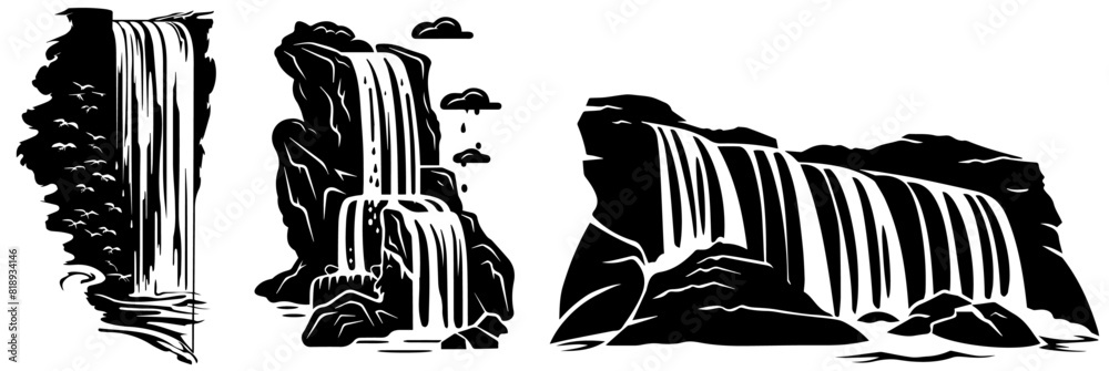 waterfall black vector silhouette shape, monochrome illustration for ...
