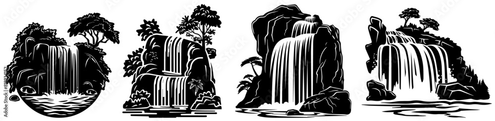 waterfall black vector silhouette shape, monochrome illustration for ...