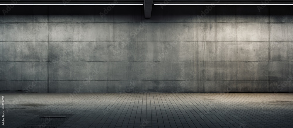 Garage parking entrance with an access ramp against an urban backdrop ...