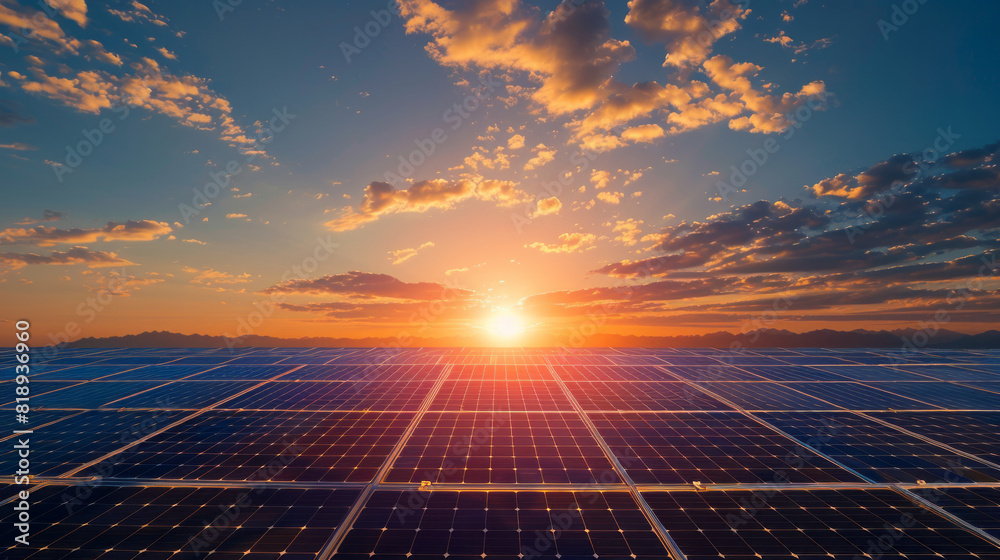 solar farm with numerous solar panels under a bright sun and a blue sky ...