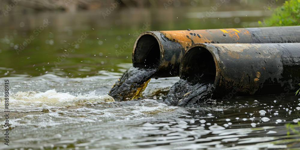 Water pollution in river. Dirty black water flows from a street pipe ...