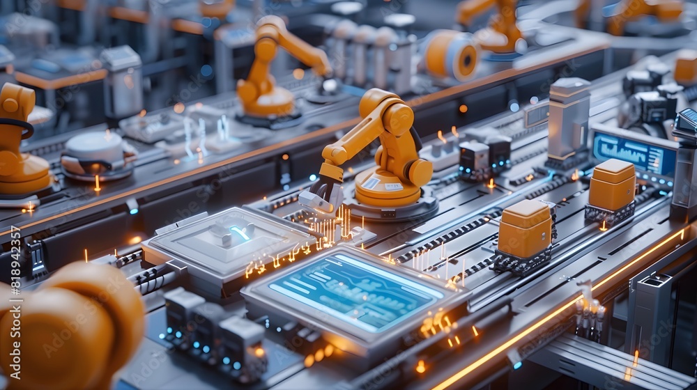 a bustling smart factory where edge computing nodes process data in ...