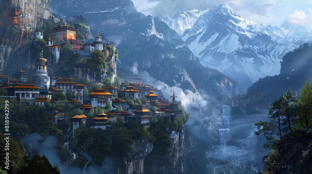 advanced alpine city with futuistic elegant buildings built into the ...