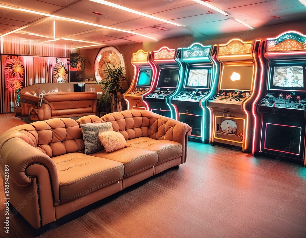 A retro arcade room with a sectional sofa set, classic arcade games ...