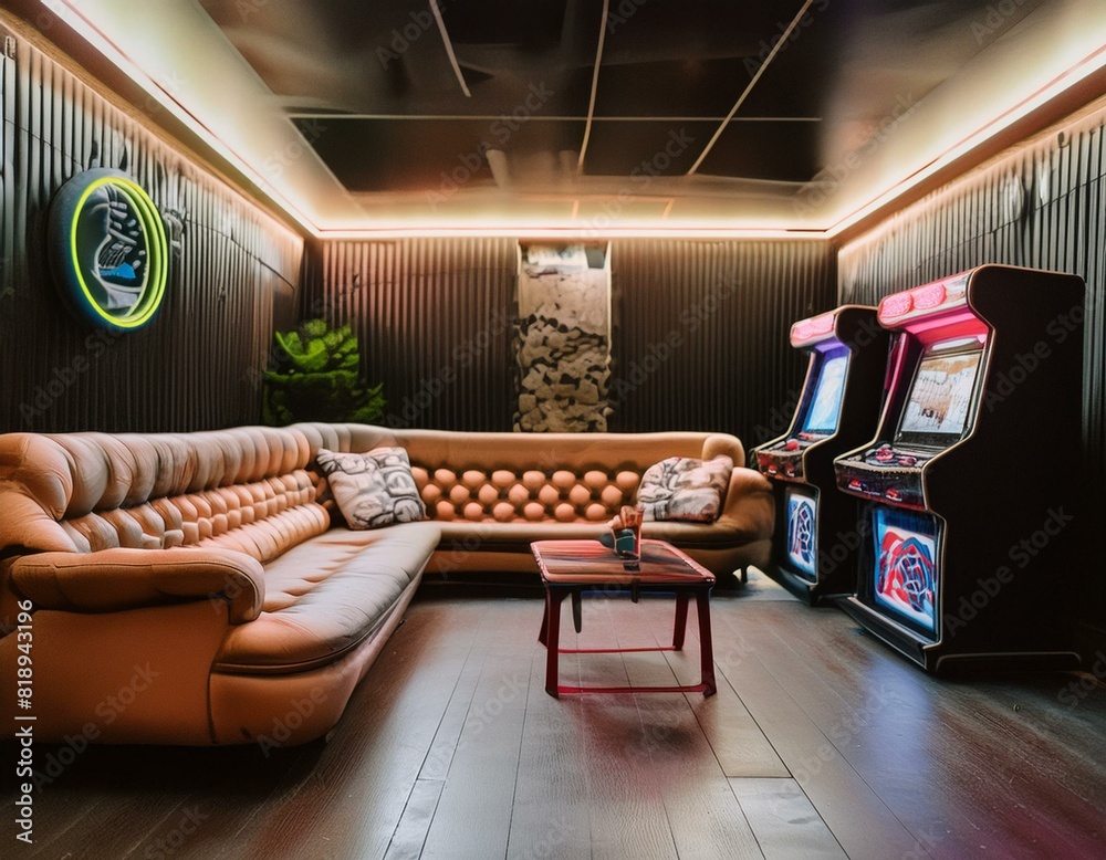 A retro arcade room with a sectional sofa set, classic arcade games ...
