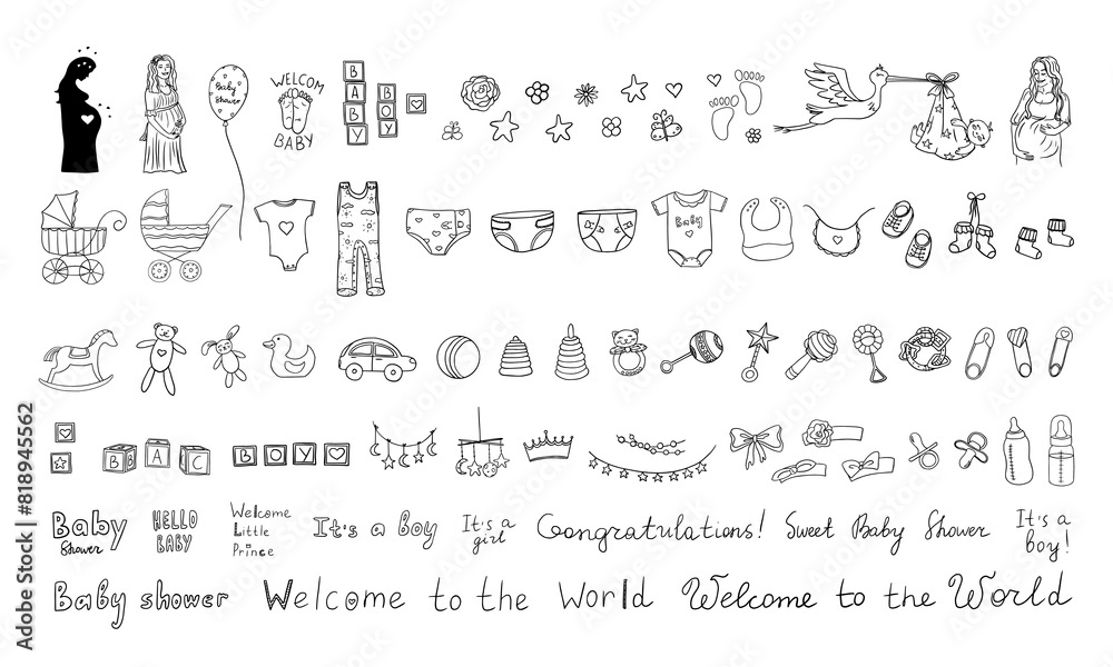 Large set of cute baby shower elements in doodle style. Baby shower boy ...