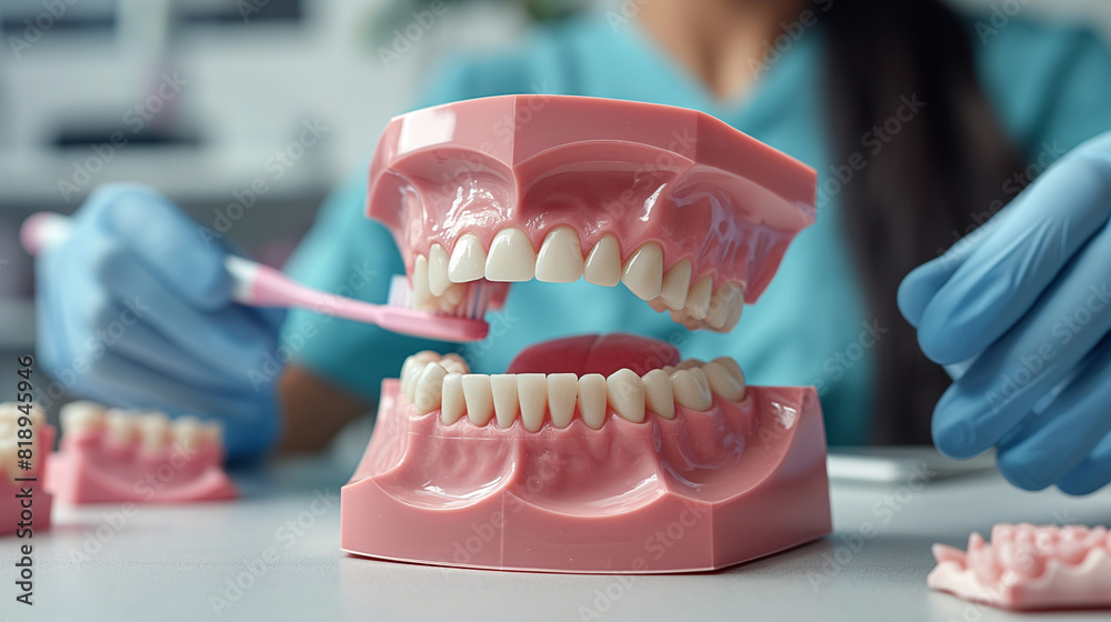 A dental professional demonstrating proper brushing technique to a ...