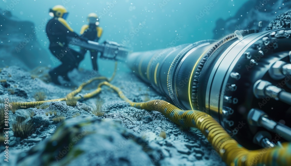 Technicians installing a submarine fiber optic cable underwater Stock ...