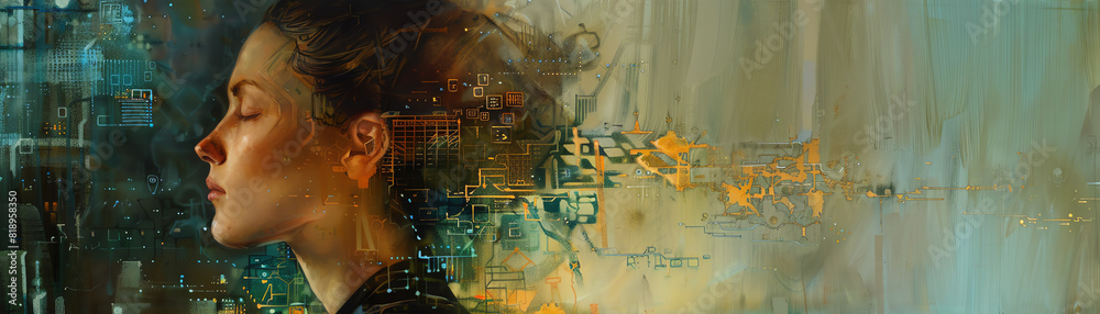 Imagine an oil painting featuring a side perspective of a renowned ...