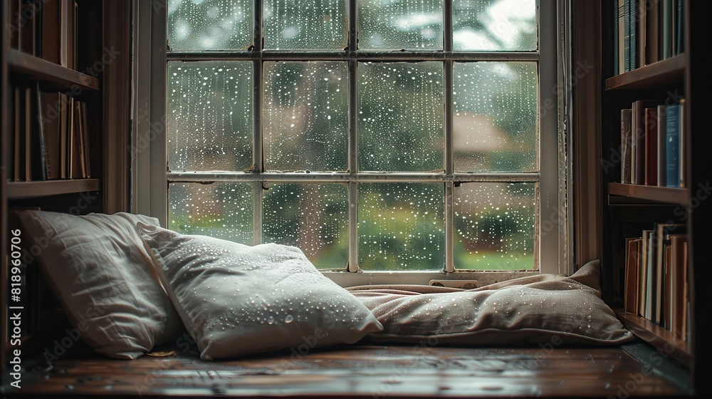 Depicting a cozy reading nook by a rain-splattered window, this image ...