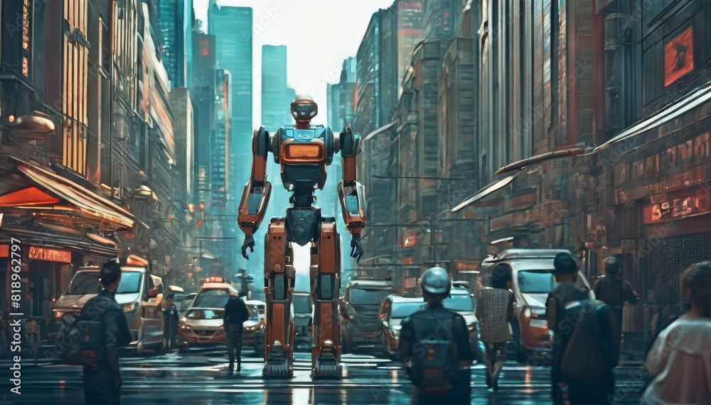 An imposing giant robot towers over a city street, surrounded by tiny ...