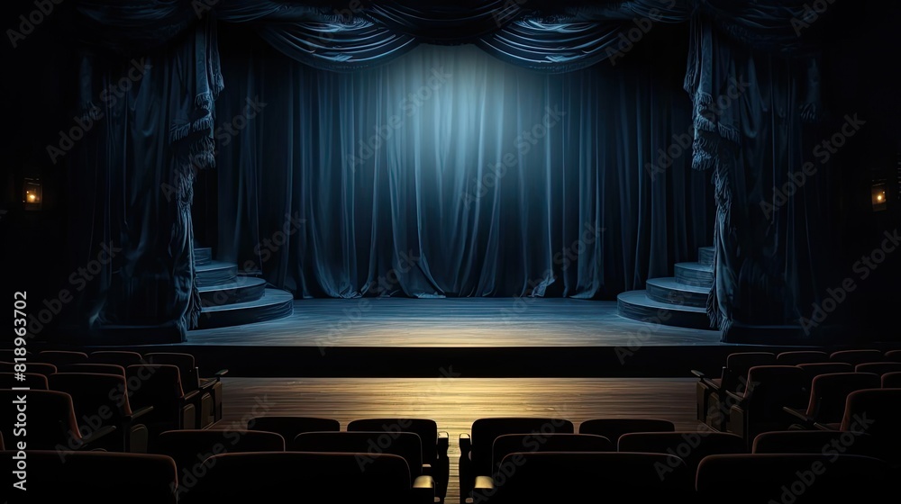 Empty dimly lit theater stage with closed curtains and seating area ...