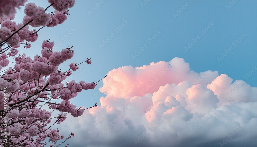 Light pink sky background with pastel color clouds with cherry blossoms ...