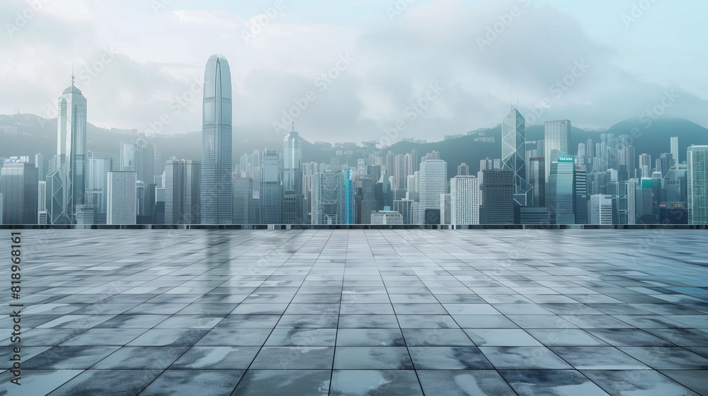 wide, empty urban space opens up to a panoramic view of a distant city ...