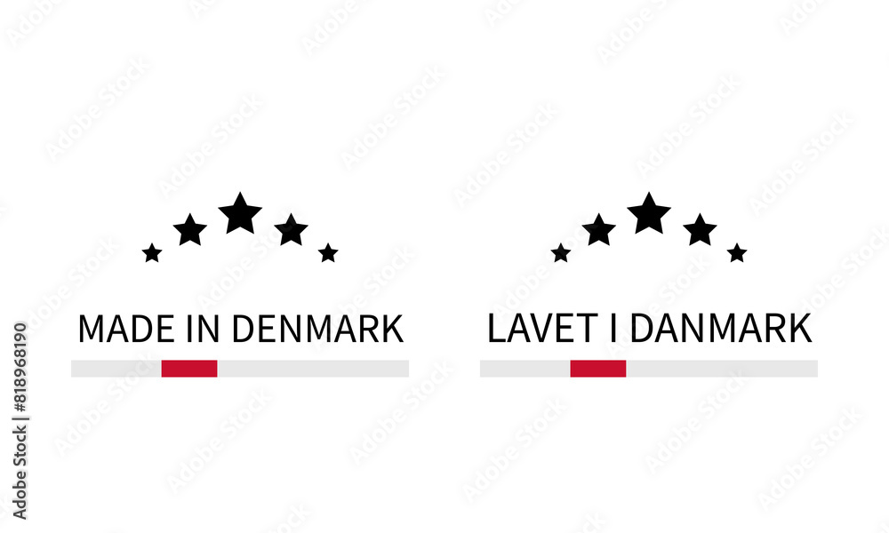 Made in Denmark labels in English and in Danish languages. Quality mark ...