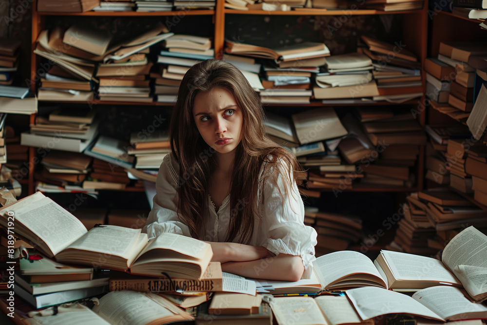 Sad female workaholic busy making project work, studies papers, wears ...