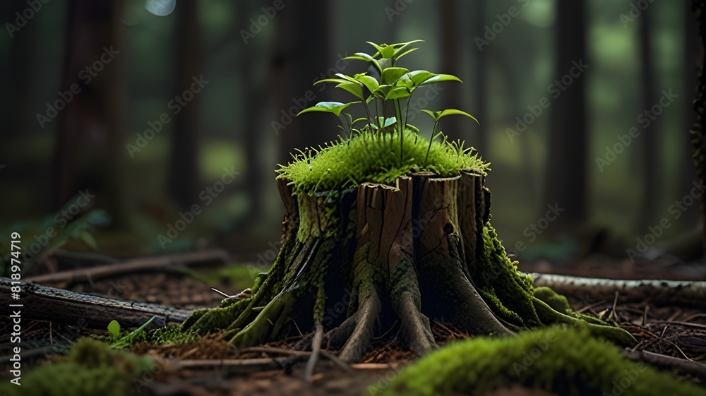 moss covered tree A young shrub sprout is encased in woodland moss and ...