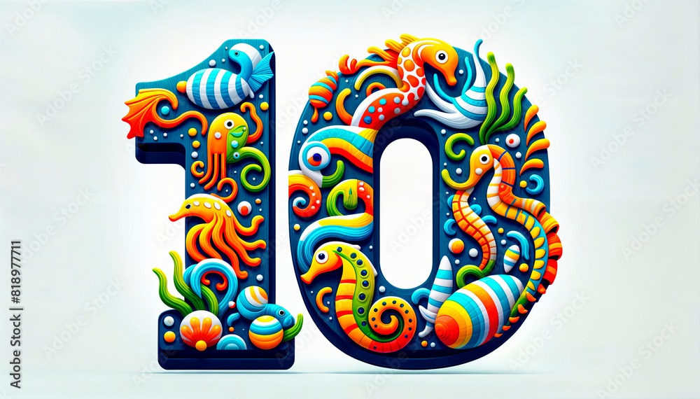 number 10 design is adorned with vibrant marine life, including ...