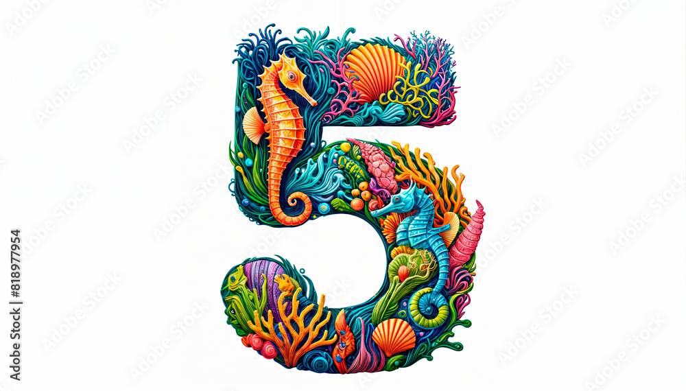 number 5 is adorned with vibrant marine life elements, featuring ...