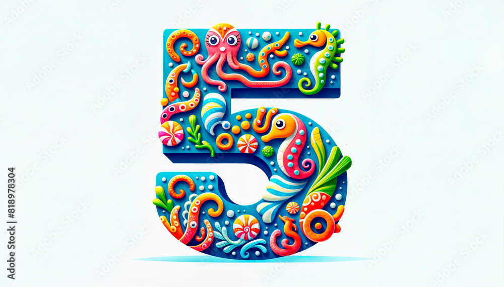 number 5, adorned with whimsical marine-themed patterns. Featuring ...