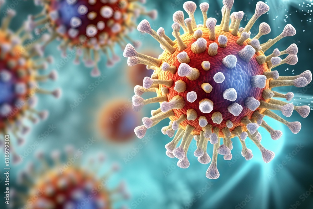 Viruses under a microscope close-up. red ball with suction cups ...