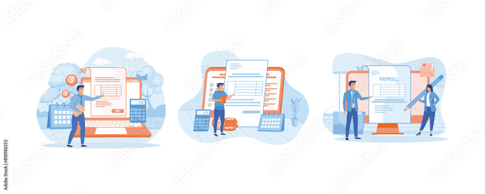 Payroll payment concept with laptop and invoice wage. Payroll money ...