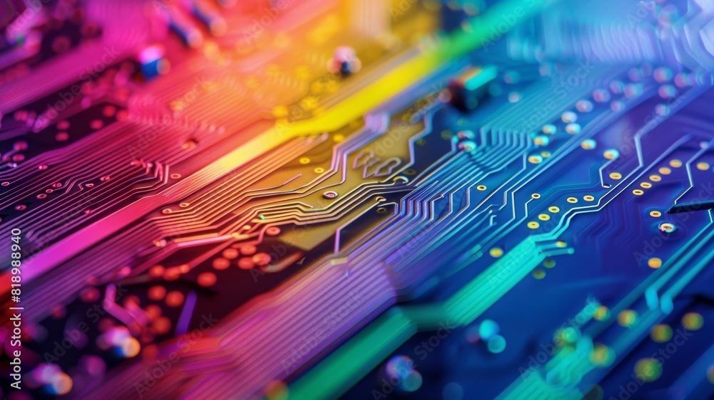 Rainbowcolored circuit board, celebrating diversity in tech close up ...