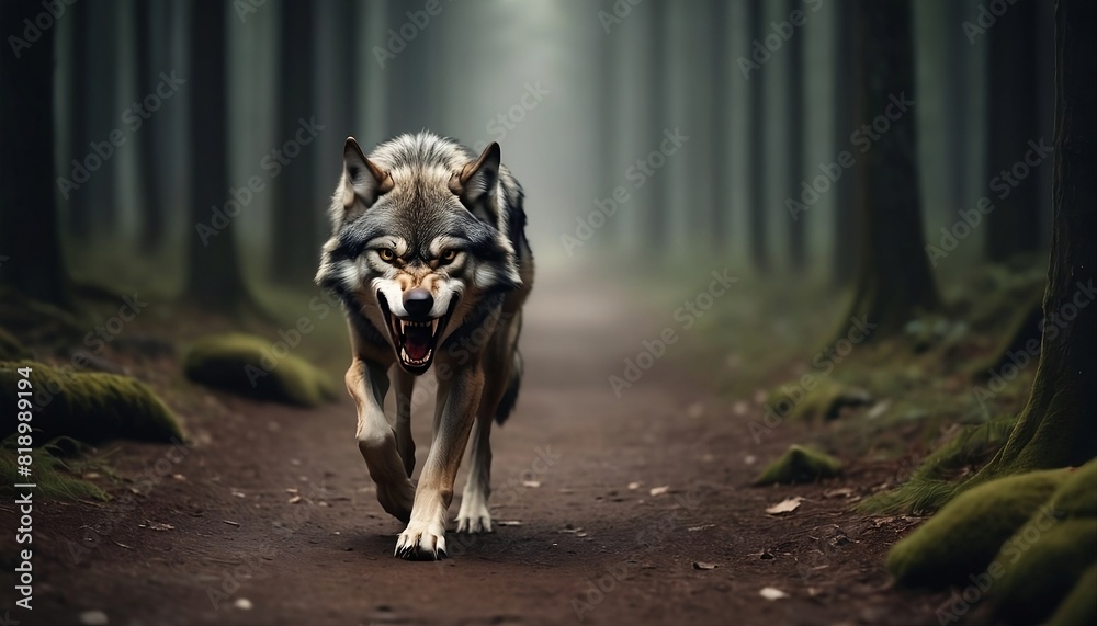 Angry lone wolf walking alone in a forest path, showing teeth, front ...